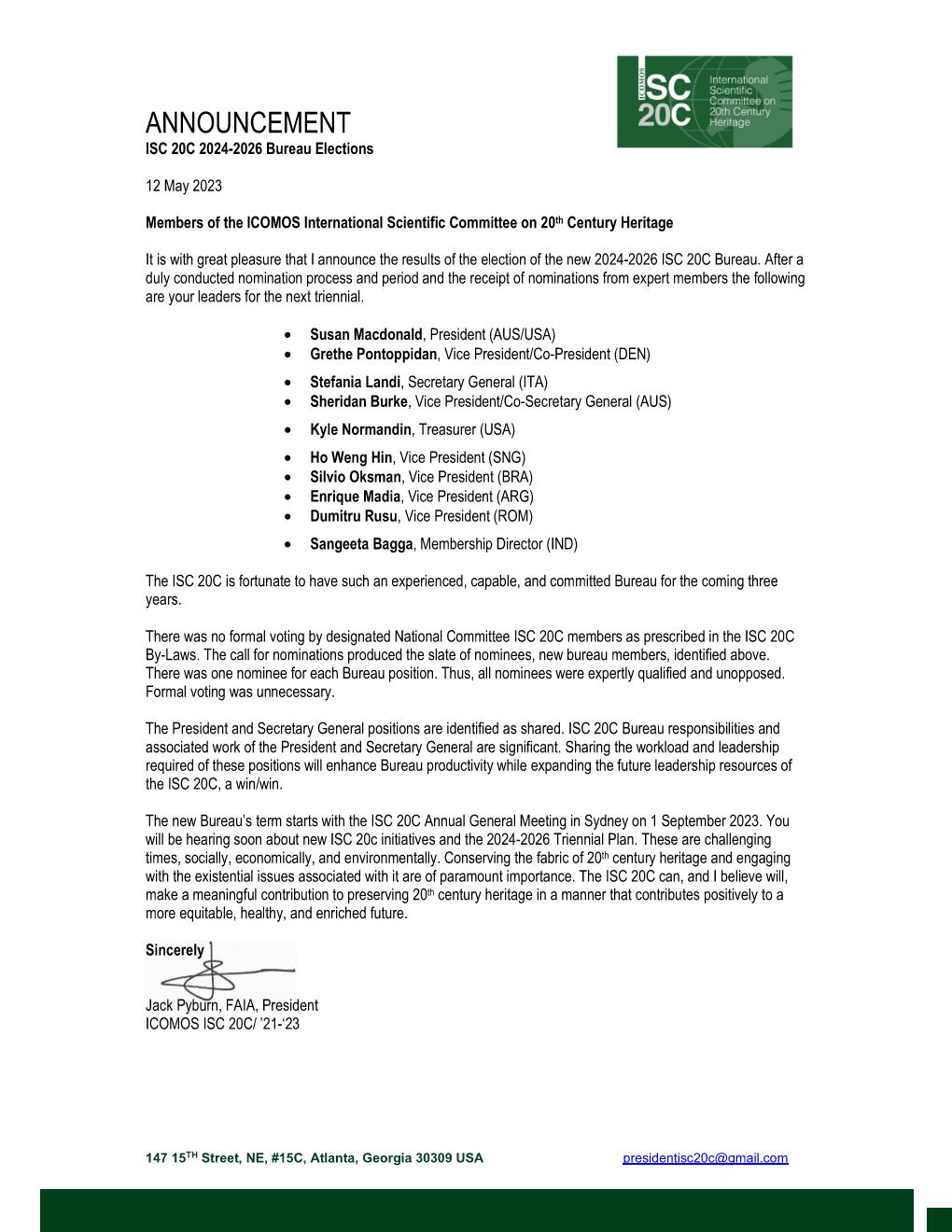 Announcement of bureau elections – ICOMOS ISC on 20th Century